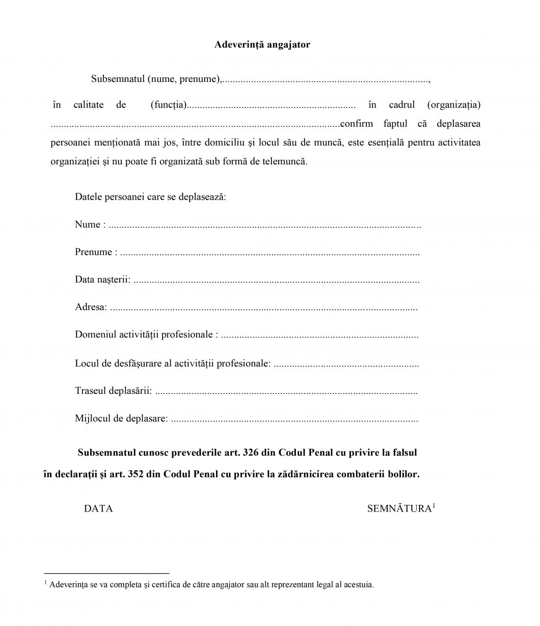Declarație pe proprie răspundere pentru circularea în afara locuinței ...
