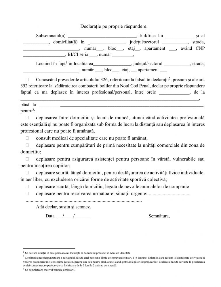 Declarație pe proprie răspundere pentru circularea în afara locuinței ...